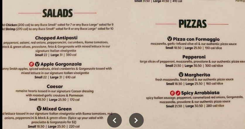 The Italian Midddle Dining Menu of Buca di Beppo--Pizza, Pasta and Banquet