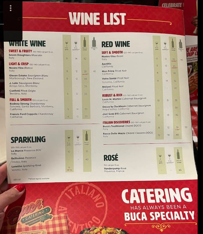 The Italian Midddle Dining Menu of Buca di Beppo--Pizza, Pasta and Banquet